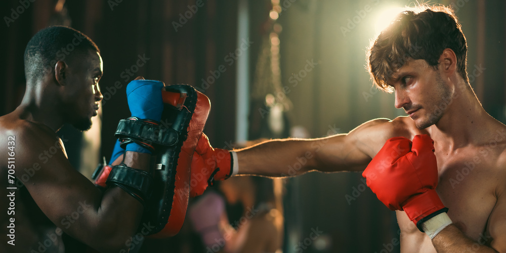 Active, athletes and fit men kick boxing and doing sport training ...