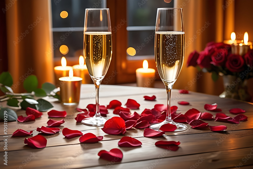 Red rose petals artfully scattered across an antique wooden table, two ...