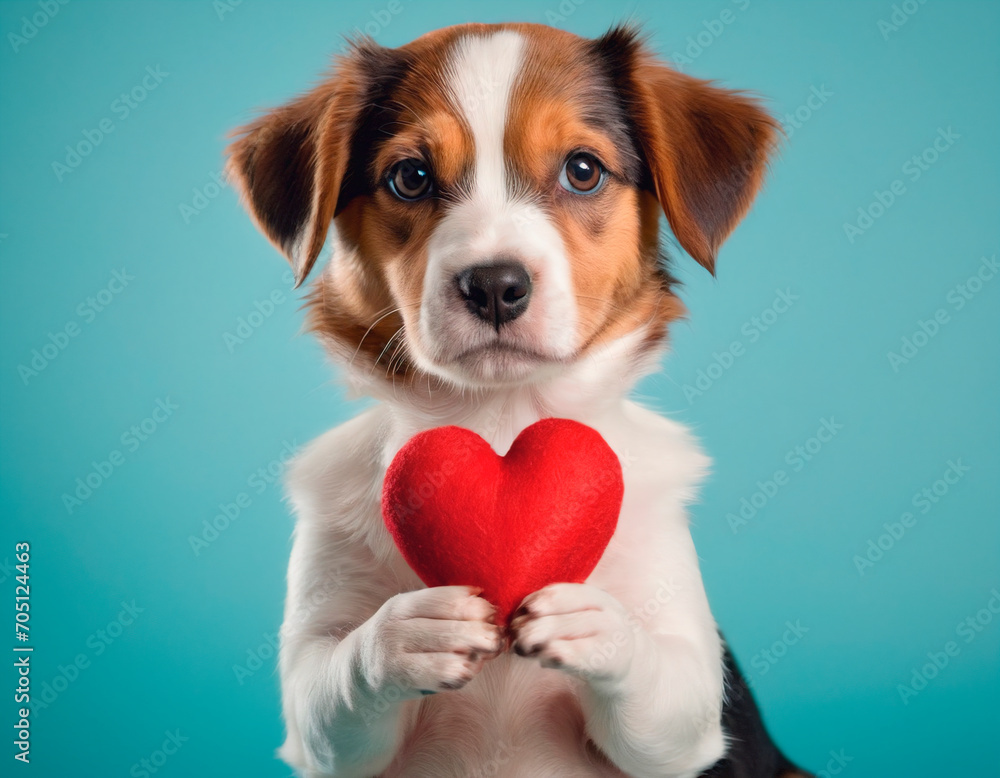 Adorable Puppy Holds Red Heart In Its Paws - Sweet Pet Love. A cute ...