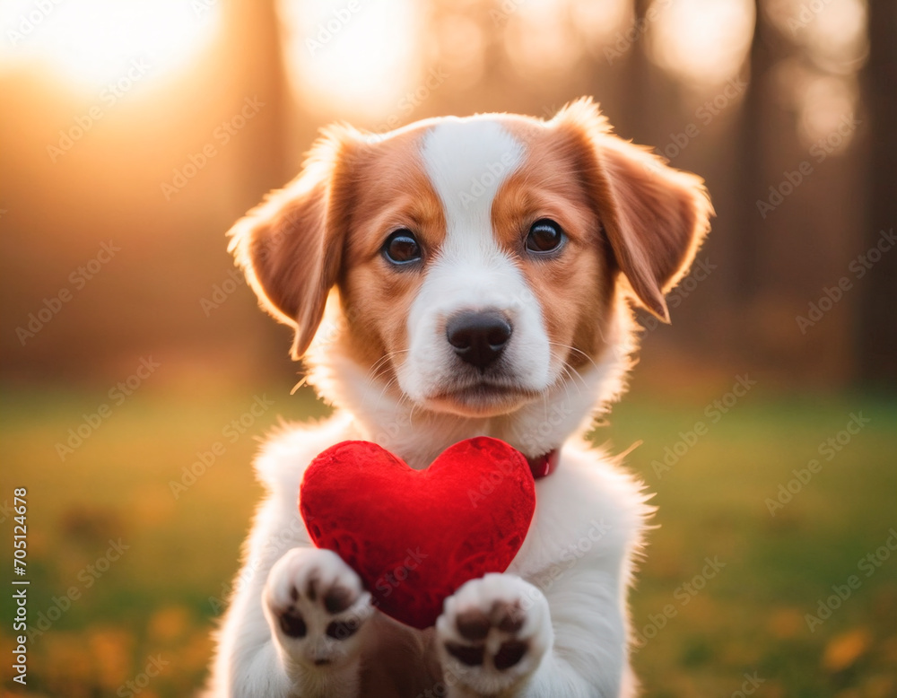Adorable Puppy Holds Red Heart In Its Paws - Sweet Pet Love. A cute ...