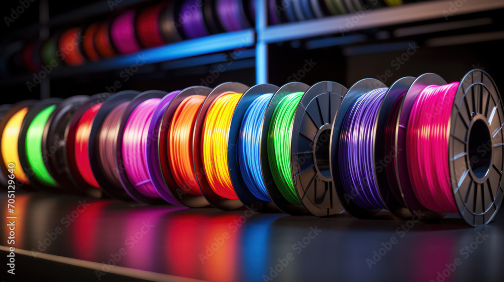 Multicolored filaments of plastic for printing on 3D printer close-up ...