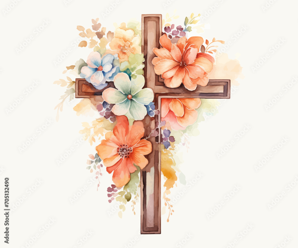 Cross with watercolor flowers on white background. Religious floral ...