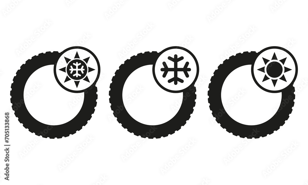 Winter, summer and all-season tire types. Tyres with icons for winter ...