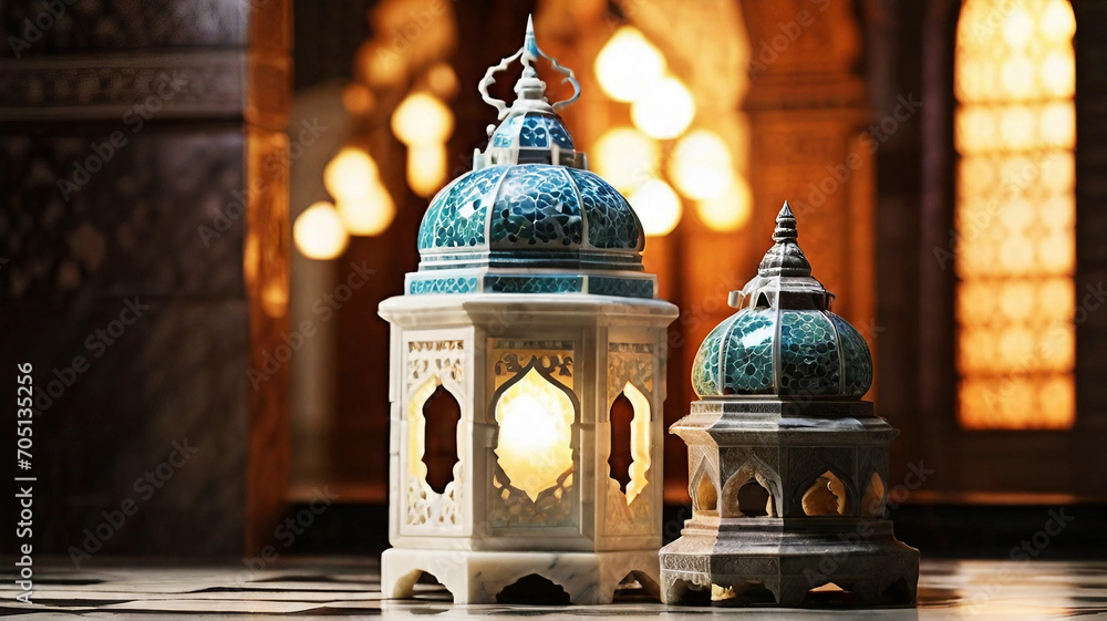 Islamic Lantern in marble tiles with mosque background. Mosque ...