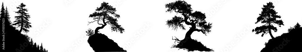 Silhouette tree line drawing set, Side view, graphic tree elements set ...