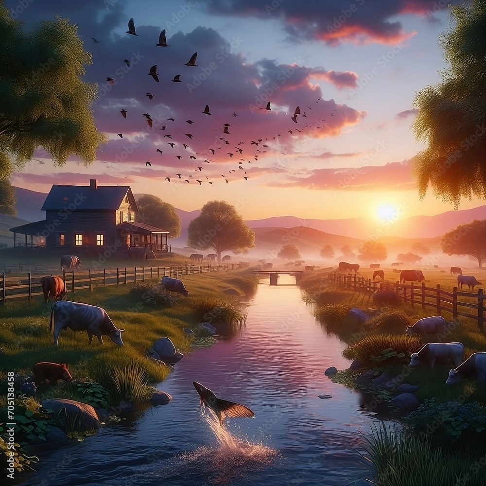 Evening with the sun setting on the horizon on a farm, with grazing ...