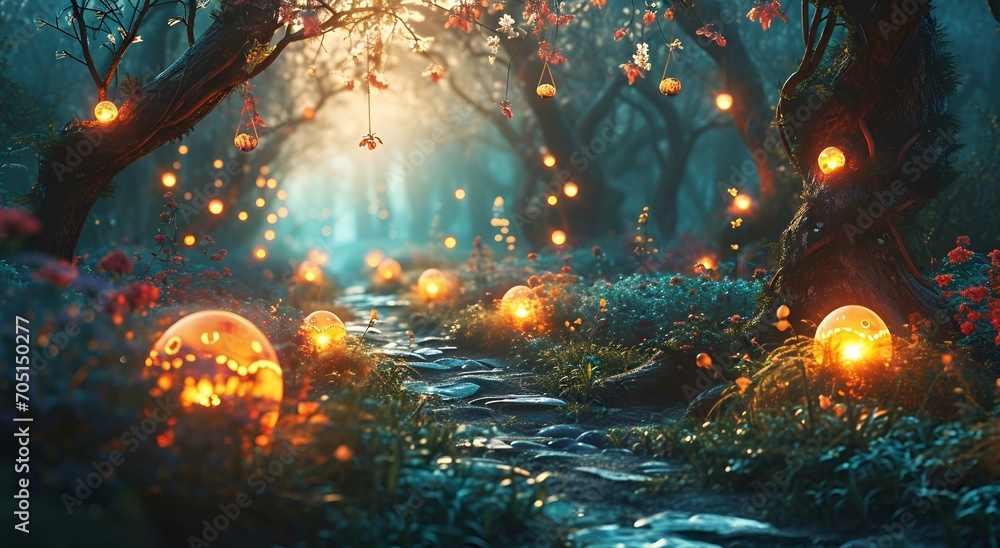 Describe a magical forest where enchanted roses of various colors Stock ...