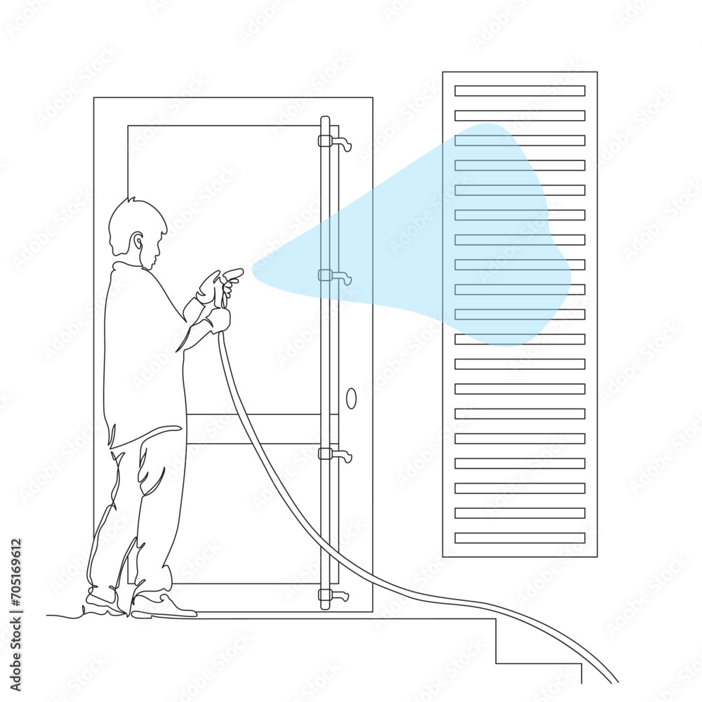 Man washing window shutters with water hose. Spring cleaning ...