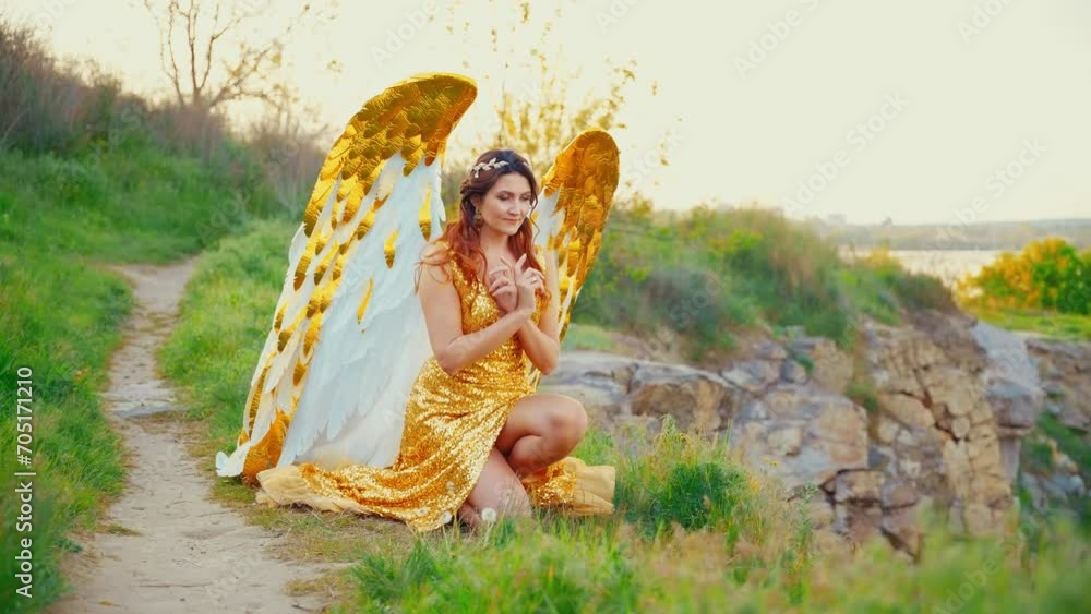 Fantasy happy woman eyes closed archangel folds hands in prayer. White ...