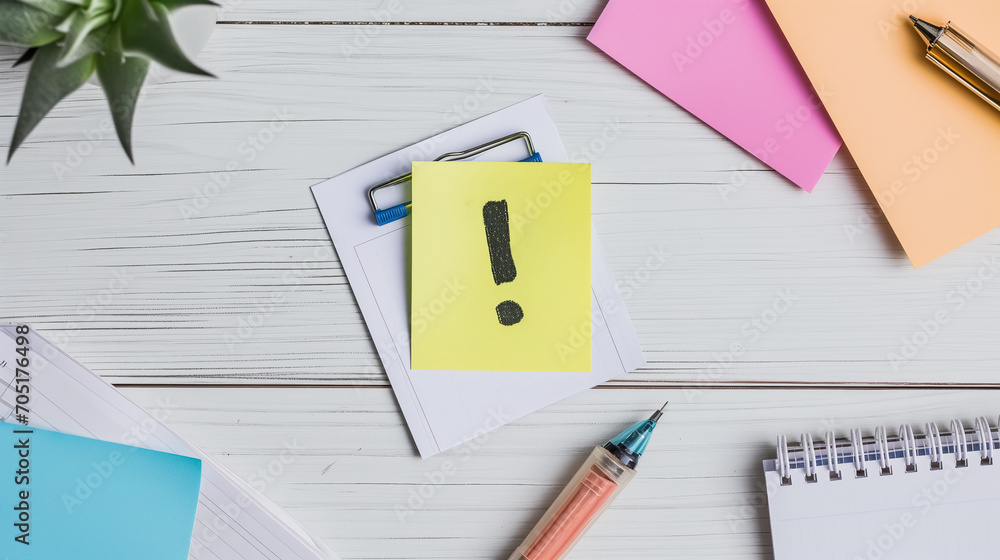 Exclamation mark on Post-it Note on a desk. Ideal Illustration for FAQs ...