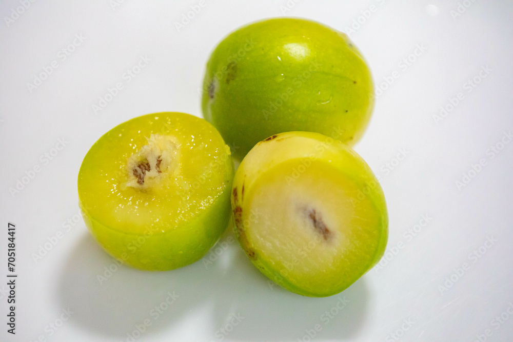 Ripe umbu fruit (Spondias tuberosa). Typical of the hot regions of ...