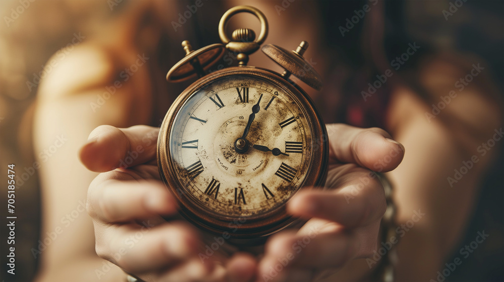 Vintage mechanical alarm clock in girl's hands; nostalgic concept of ...