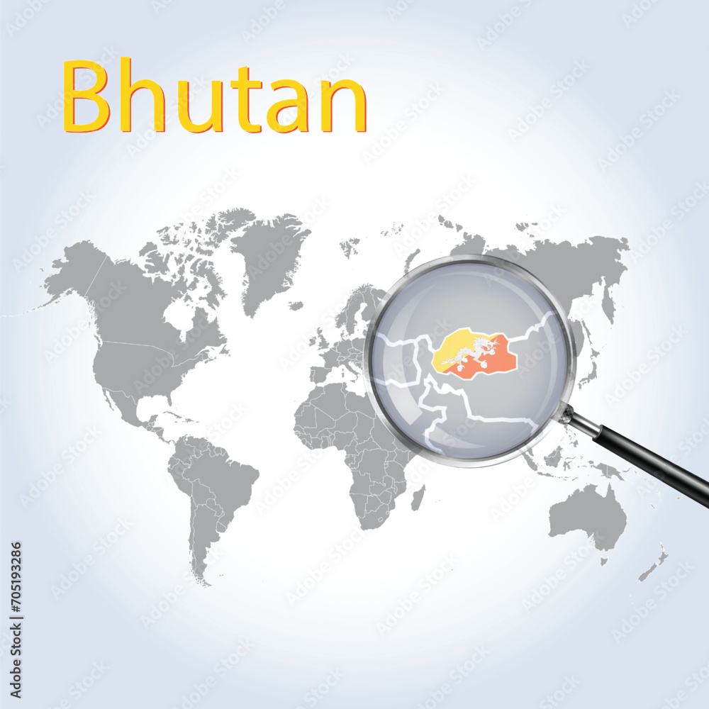 A Magnifying Glass on Bhutan of the World Map, Zoom Bhutan map with a ...
