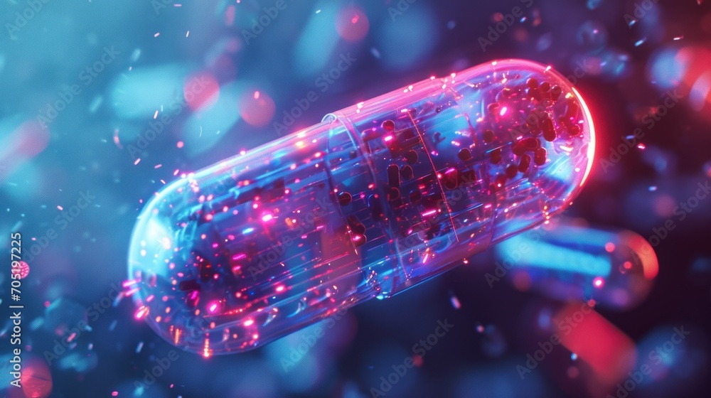 Glowing Transparent Pills on Futuristic Surface. Transparent capsules ...