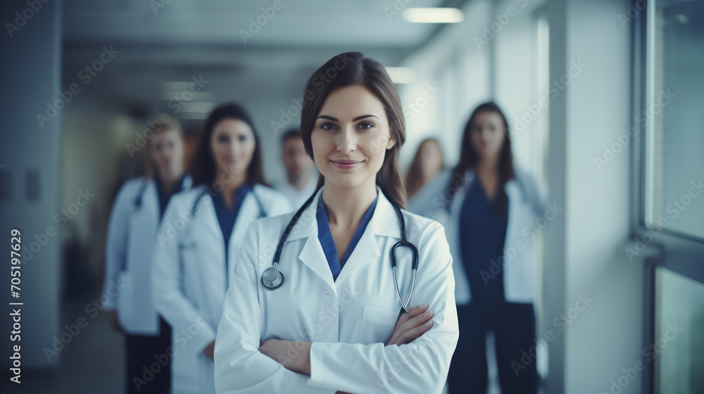 A confident young female doctor stands at forefront of medical team in ...
