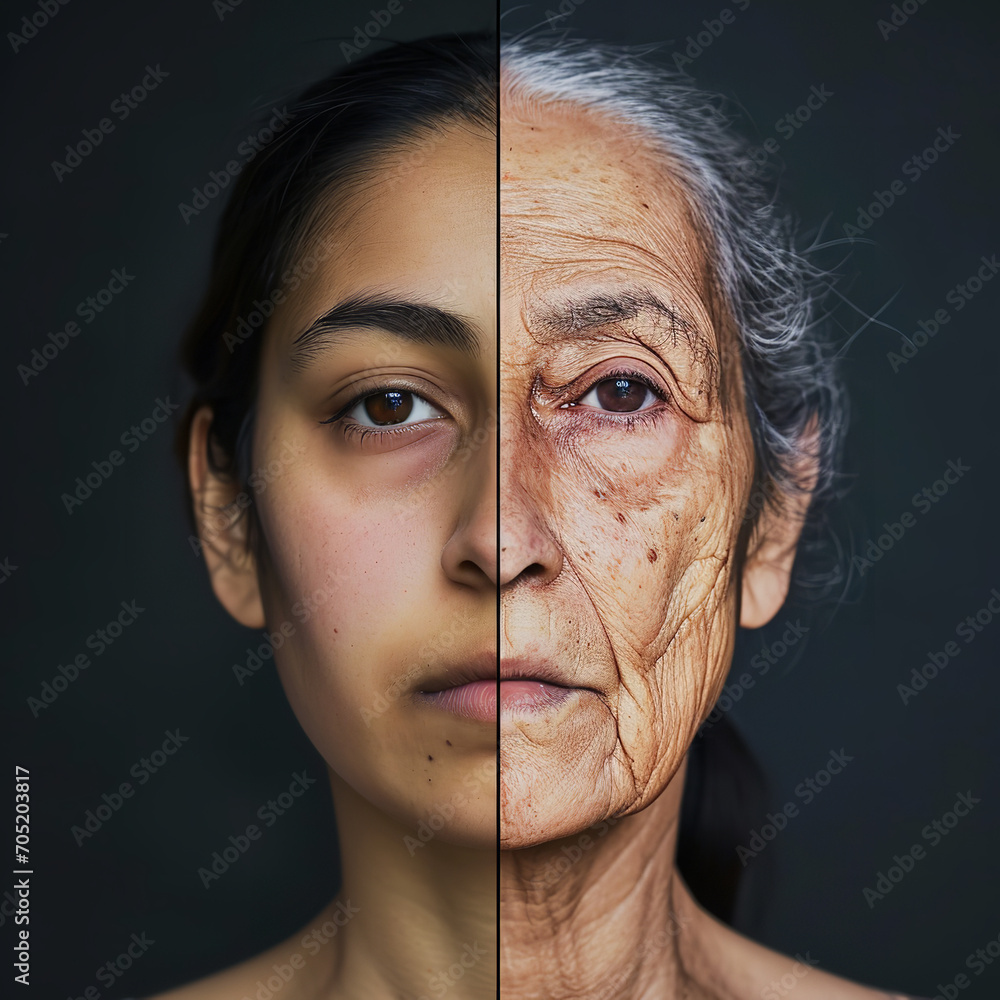 Split Screen Photo A Woman Face Divided Into Two Halves On The Left Side The Face Is That Of