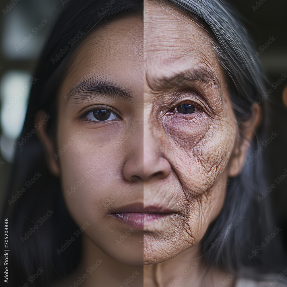 Split-screen photo, A woman face divided into two halves. On the left ...