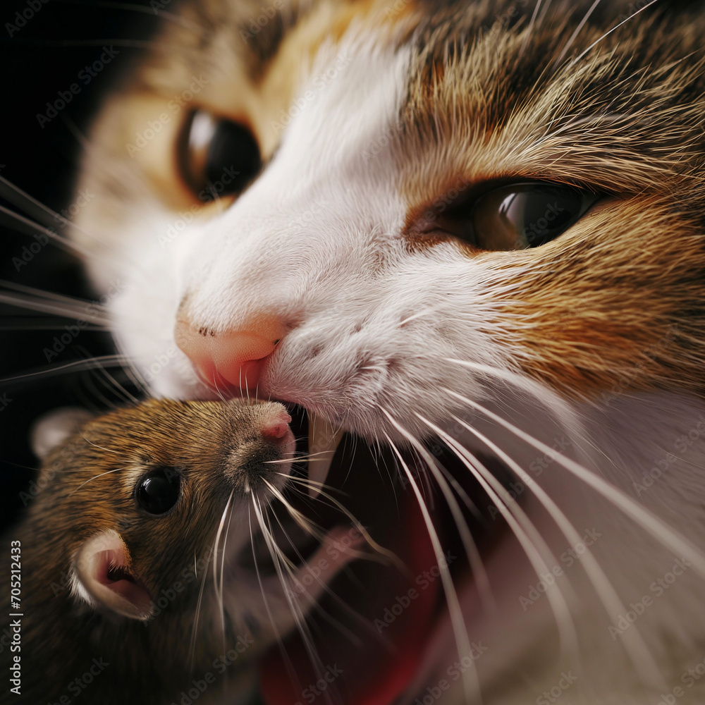 Katze frisst Maus im geöffneten Maul als Nahaufnahme für Poster Stock ...