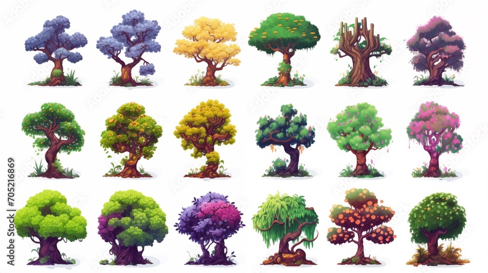 Set of cartoon trees. Colorful trees for game. Pixel art, 8 bit for ...
