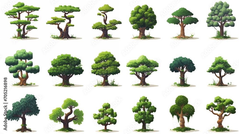 Set of cartoon trees. Colorful trees for game. Pixel art, 8 bit for ...