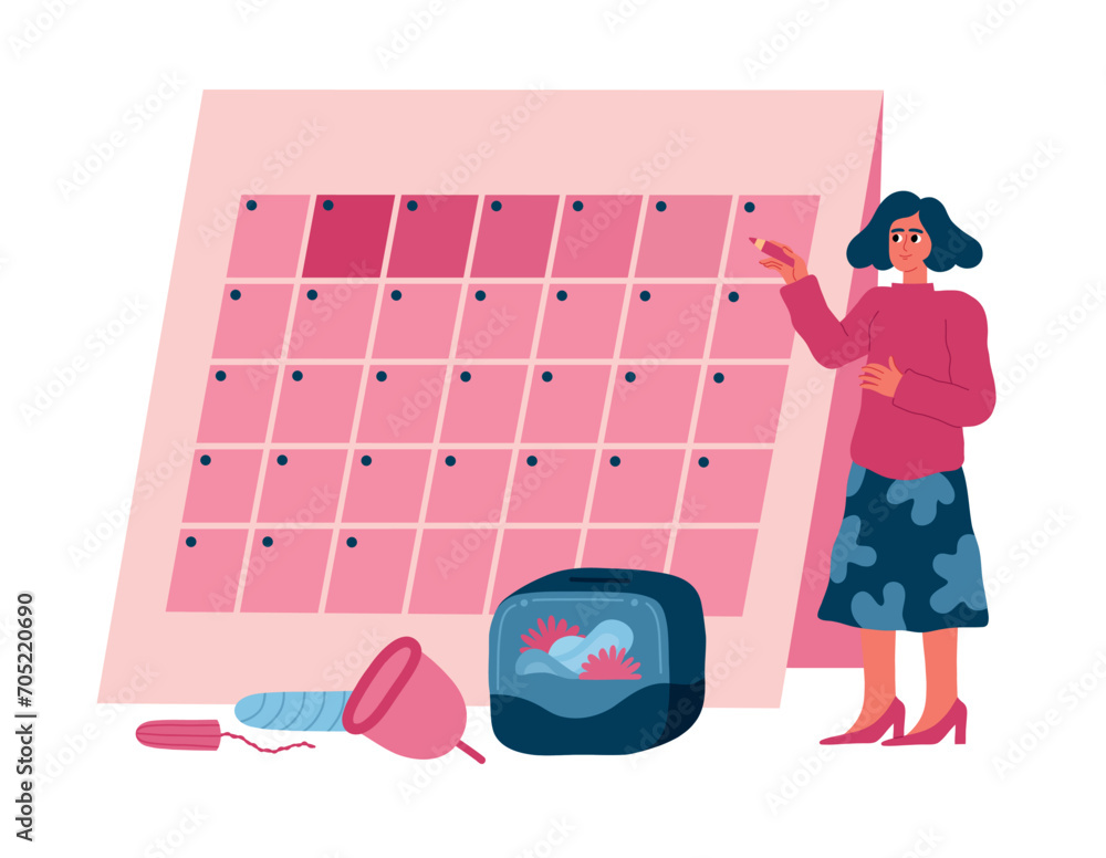 Girly pink menstrual period calendar. Women marks PMS days with pencil ...