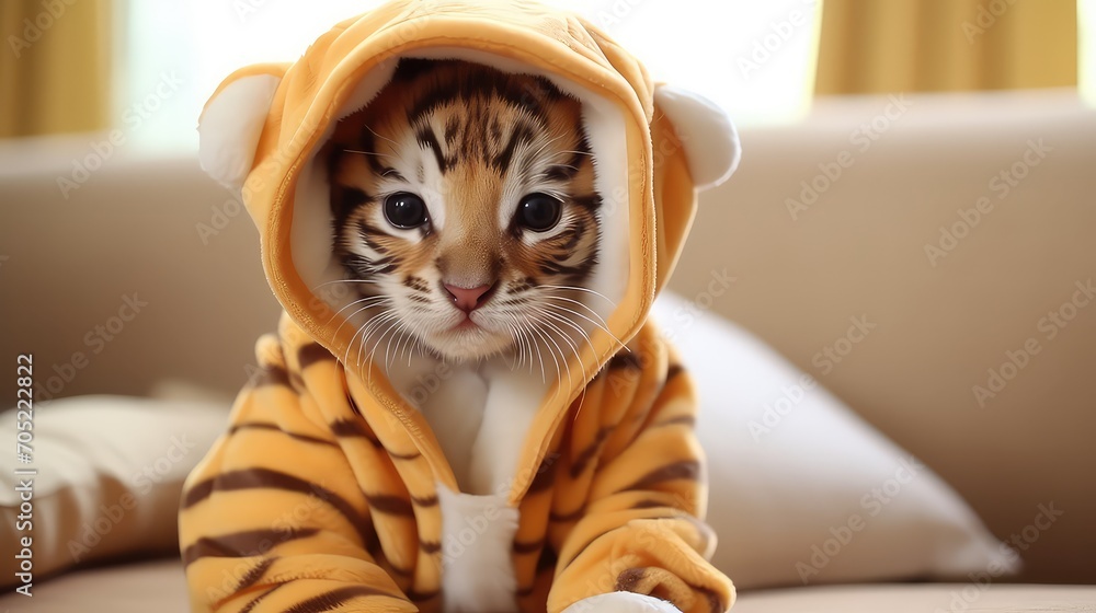 Cute little tiger in pajamas sitting on sofa at home Stock Illustration ...