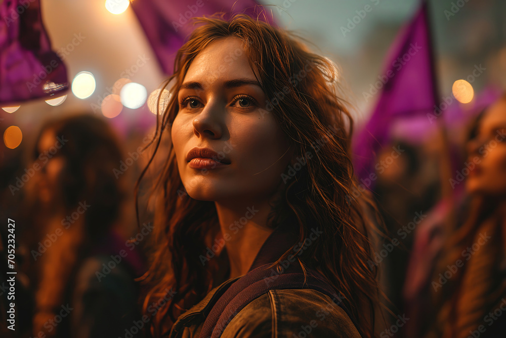 Generative AI side view image of a young Caucasian woman amid crowd at ...
