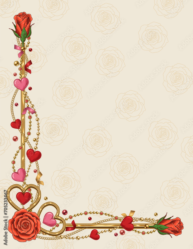 Vintage gold corner border with hearts, roses, intertwined golden ...