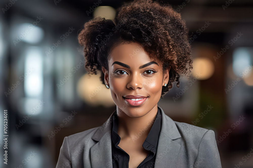 Business portrait of an African descent girl in a business suit. A ...
