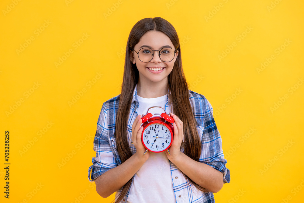 school time. Teen girl checking the clock. time schedule. Time ...