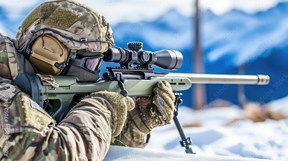 Positioned strategically in the mountains, a skilled sniper locks onto ...