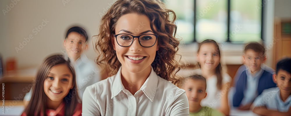 school teacher portrait and student in class background. Education ...