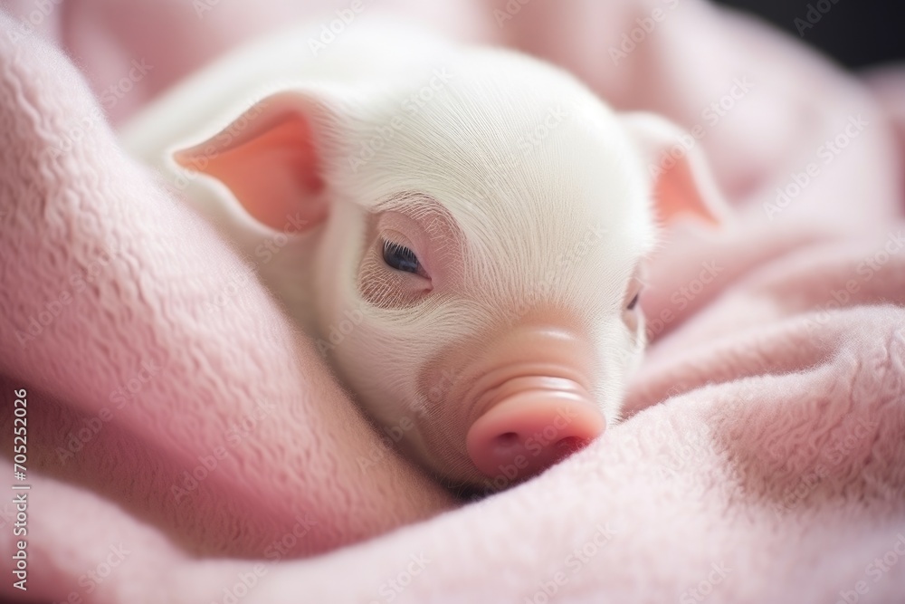 Adorable pink mini pig lying on white blanket. Happy funny little piglet resting in bed at home ...
