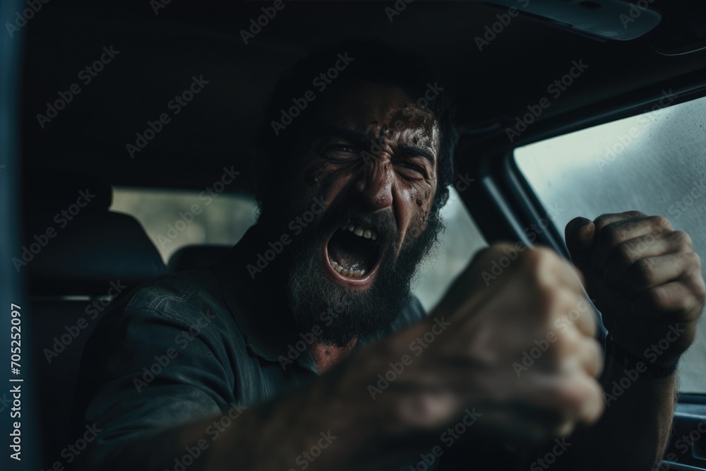 Angry man driving a vehicle. the man screams and swears. aggression and ...