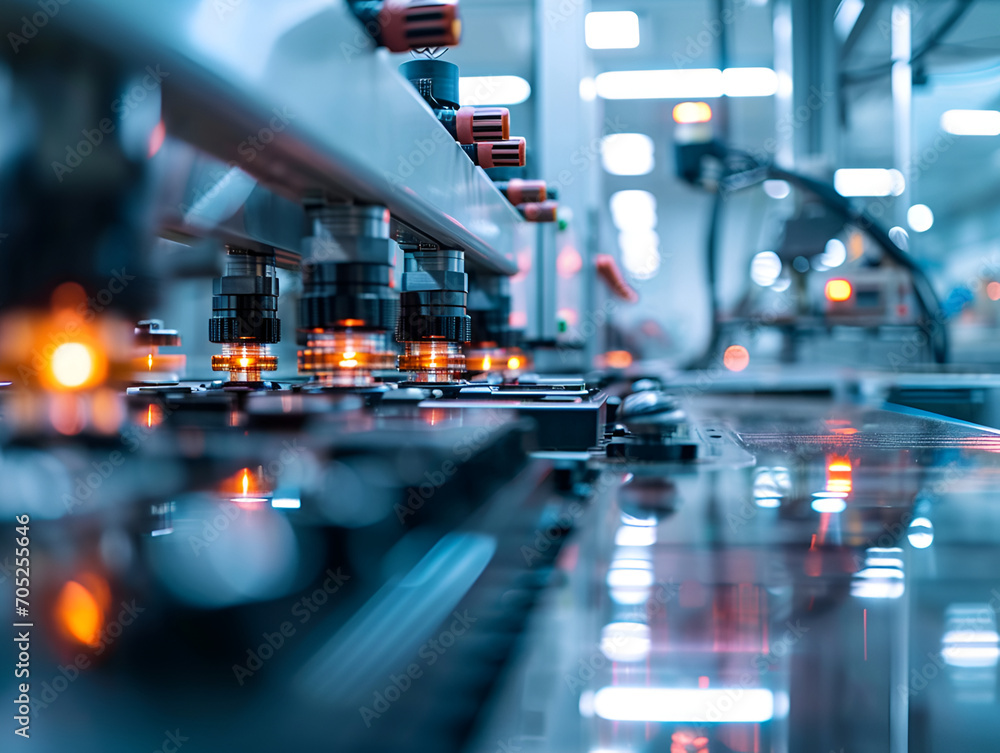 Automated machines on a high-speed assembly line, reflecting the future ...