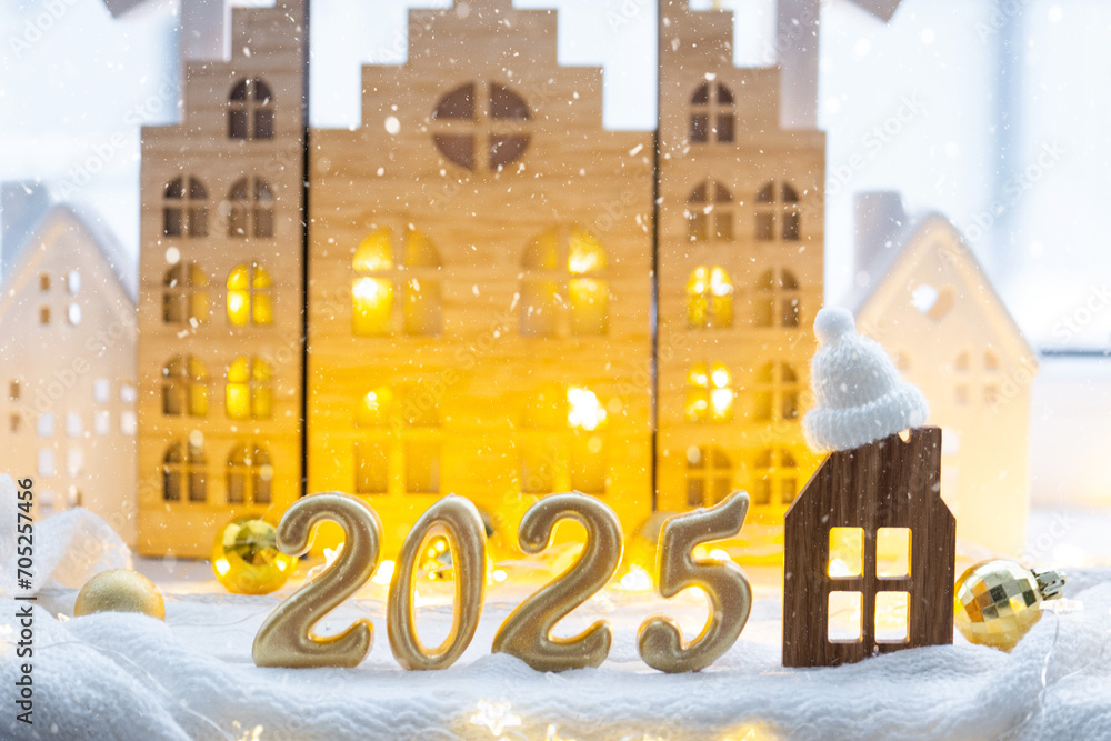 Golden figures number 2025 and tiny home on background of cozy windows ...