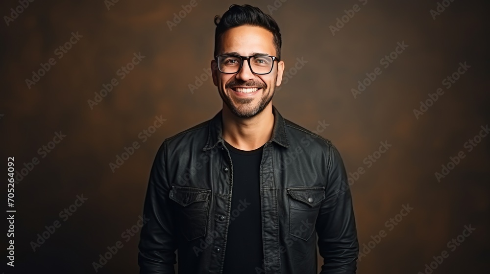 A man who is smiling and posing for a cv is shown in the front view ...