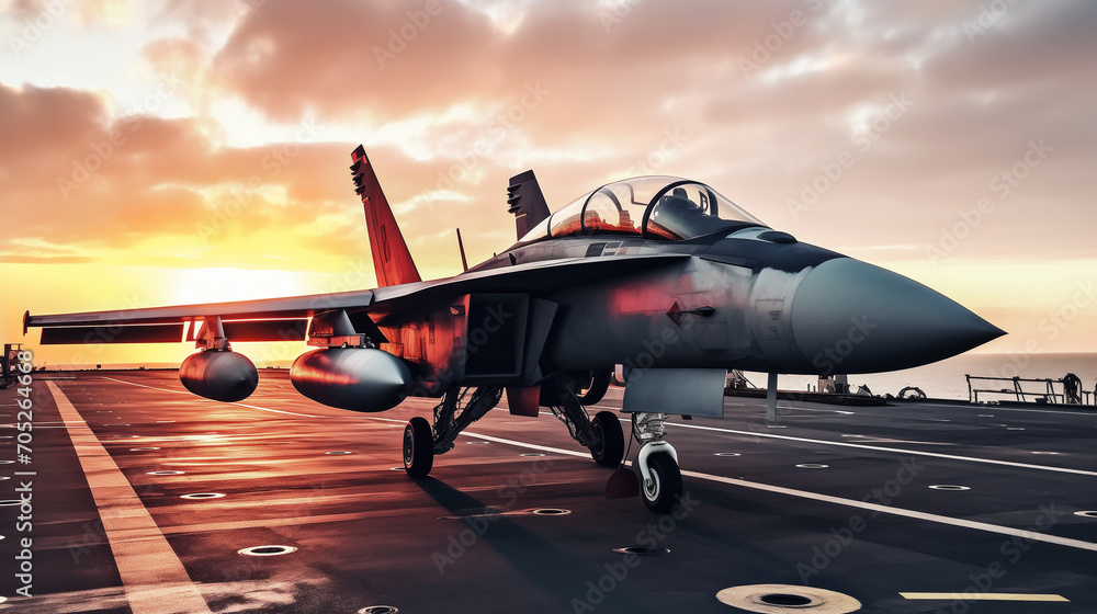 Military fighter jet on display aboard an aircraft carrier flight deck ...