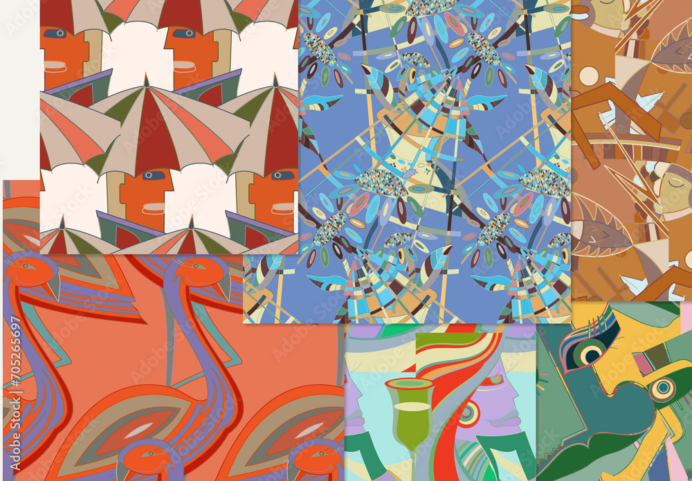 Set of Abstract Seamless Patterns with Cubism Art Elements and Graffiti ...