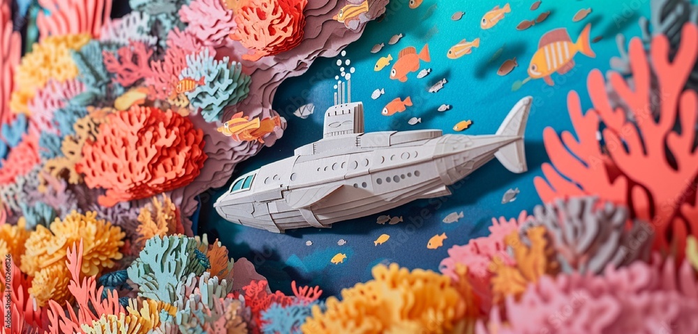 2d laser cut paper illustration. Submarine floating through a brightly ...