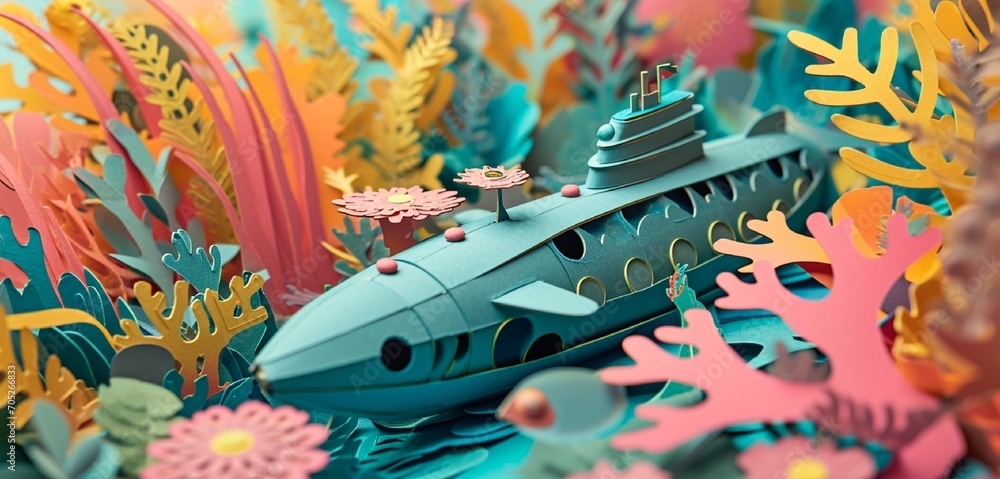 2d laser cut paper illustration. Submarine floating through a brightly ...
