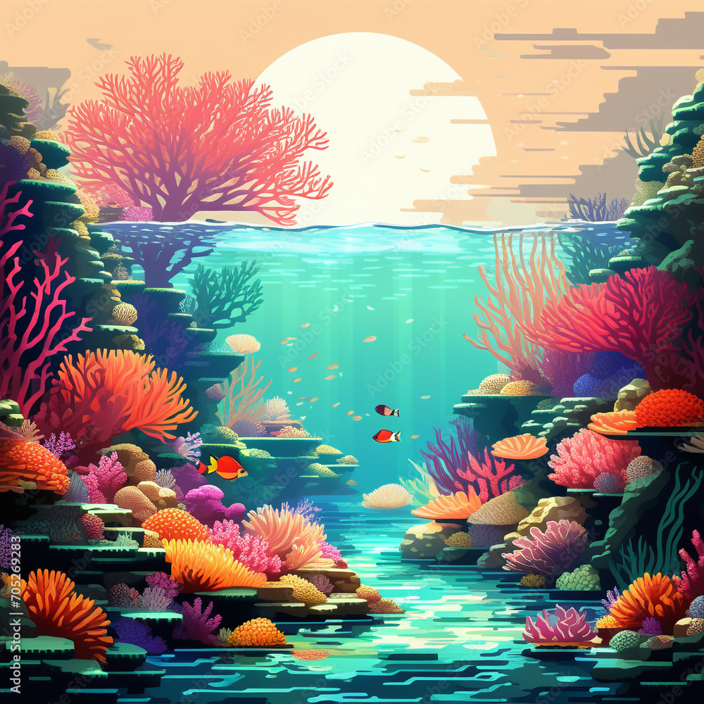 the underwater scene where there is the coral reef, representing a ...