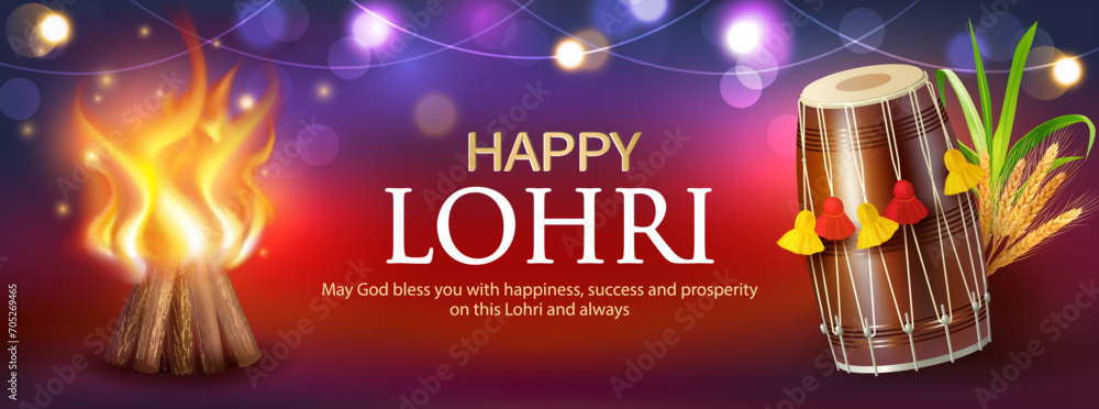 Greeting banner with dhol (drum) and bonfire for Punjabi harvest ...