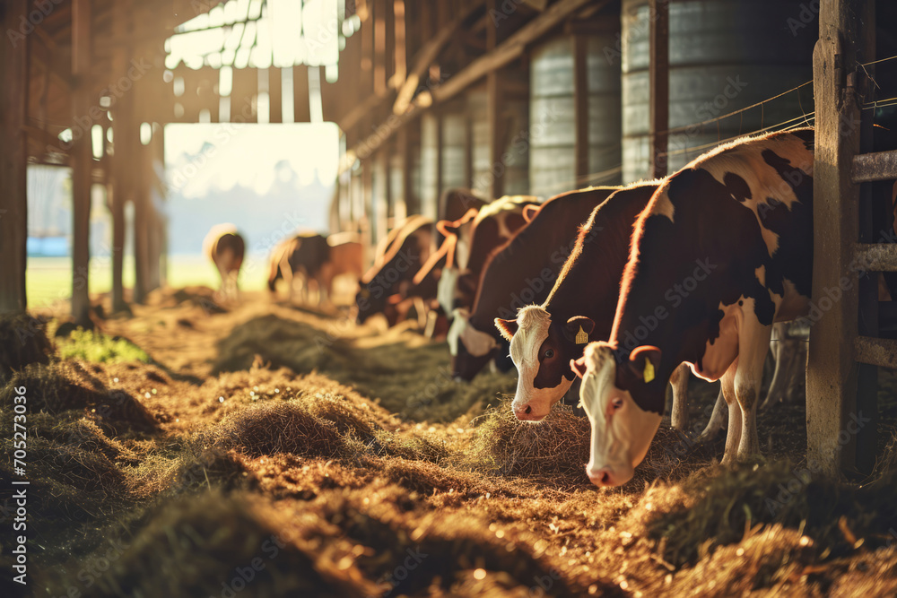 Group of cows at cowshed eating hay or fodder on dairy farm. Concept of ...