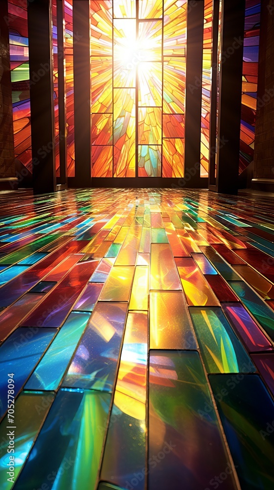 Rays of bright sun pass through colored stained glass, reflection on ...