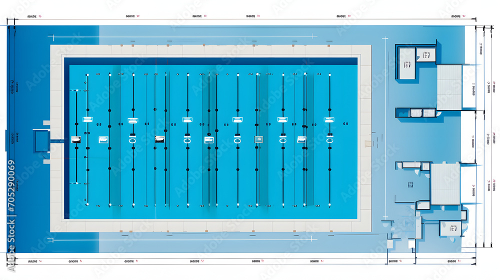 A 2D layout of an Olympic-sized swimming pool with lane markings and ...