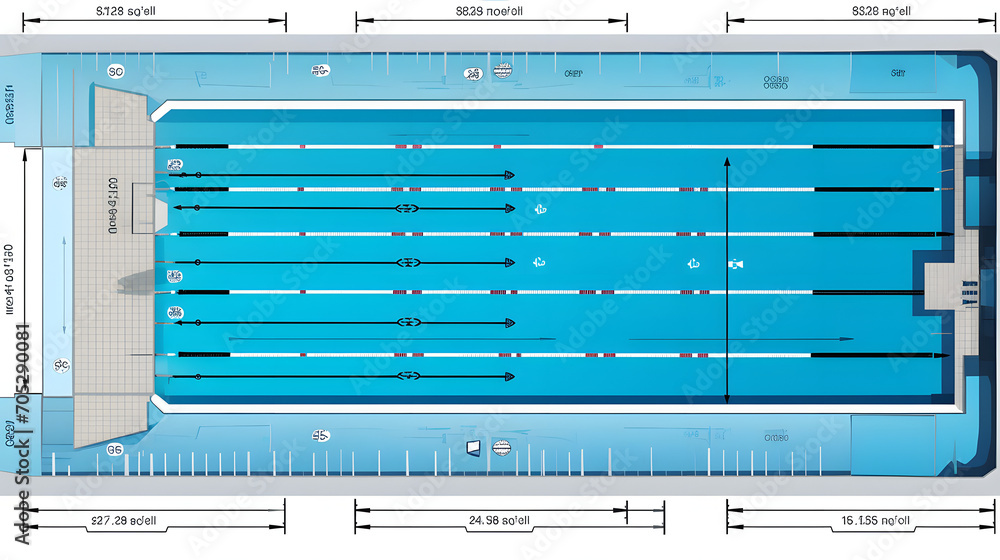 A 2D layout of an Olympic-sized swimming pool with lane markings and ...