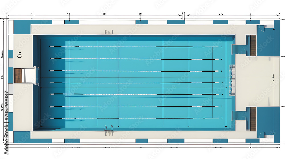 A 2D layout of an Olympic-sized swimming pool with lane markings and dimensions. foto de Stock ...