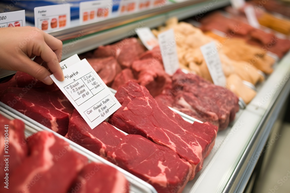 A Caucasian hand holding a price tag in front of a display of raw ...