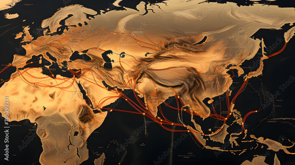 A 2D map of the ancient Silk Road trade routes showing major cities and ...
